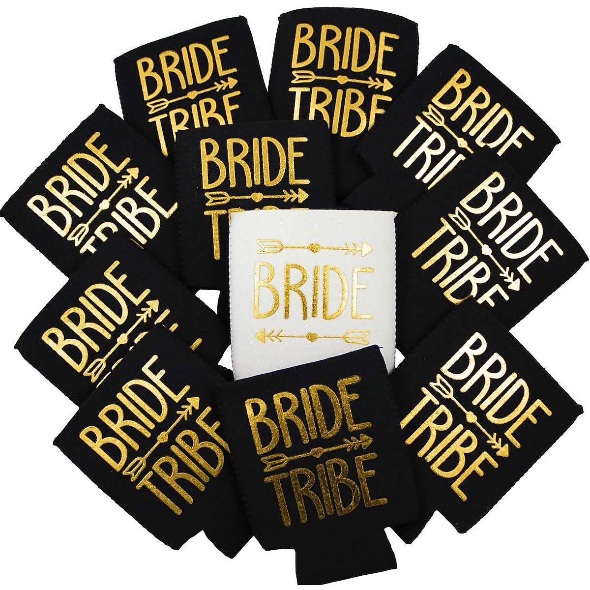 11pc Set. Bride Tribe and Bride Drink Coolers for Bachelorette Party, Bridal Shower and Wedding. 4mm Thick Bottle Sleeves, Can Coolies, Beverage Insulators (11pc Set, Black & Gold)