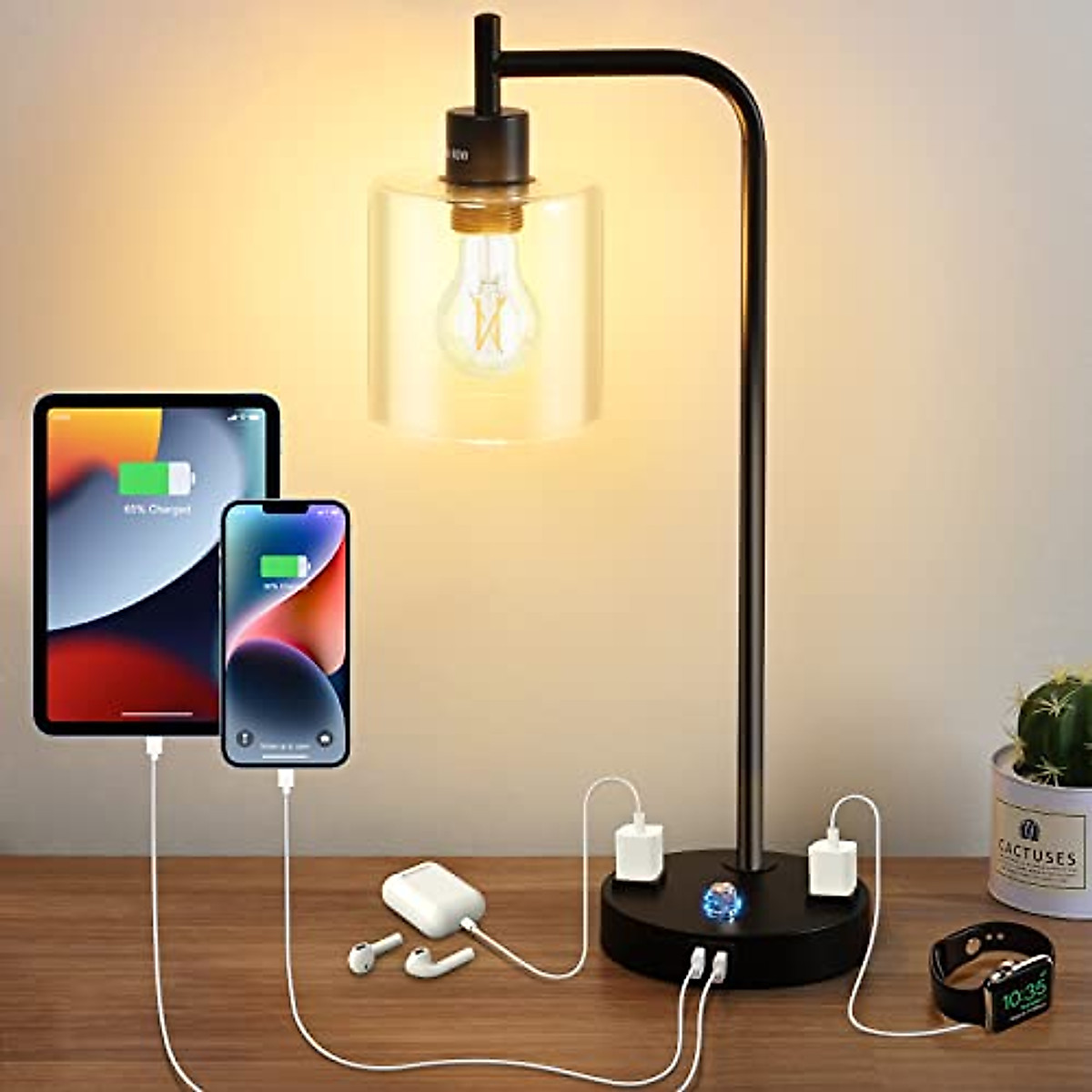 Upgraded Table Lamp, Fully Stepless Dimmable Desk Lamp with 2 USB Charging Ports and 2 AC Power Outlets, Modern Bedside Lamp with Glass Shade for Bedroom, Living Room, Office (Bulb Included)