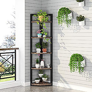 Tribesigns Corner Plant Stand Indoor, Rustic 5 Tier Corner Shelf Stand Furniture for Living Room, Bathroom, Kitchen (Metal&Wood)