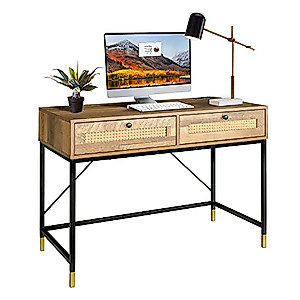 GIA Home Furniture Series Mid Century Writing Rattan Crafted Drawers,Wood Computer Desk Installed with USB Ports and Power Outlet,Salmon Oak Finishing, Black Metal Leg