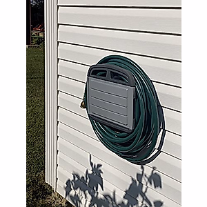 HelpMate Plastic Garden Water Hose Holder Wall Mount with 2 Shelf Cabinet for Garden Tools and Supplies- Matching Grey 8-pattern Garden Hose Spray Gun Included - holds up to 150 ft. Garden Hose