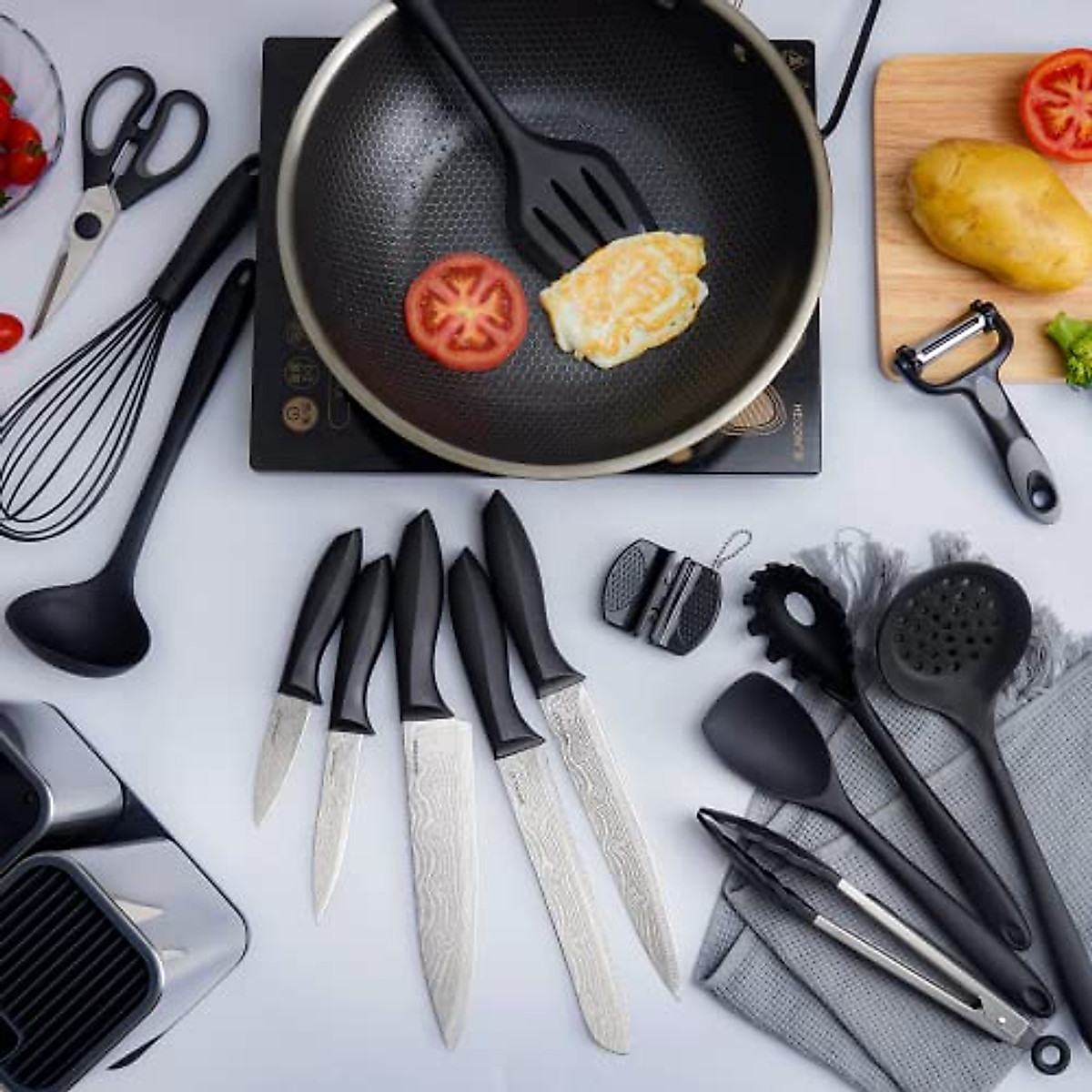 Kitchen Utensils Set, 7 Pieces Silicone Cooking Utensils Set+5-Pieces Stainless Steel Knife Set+6-Pieces Kitchen gadgets(18-in-1)