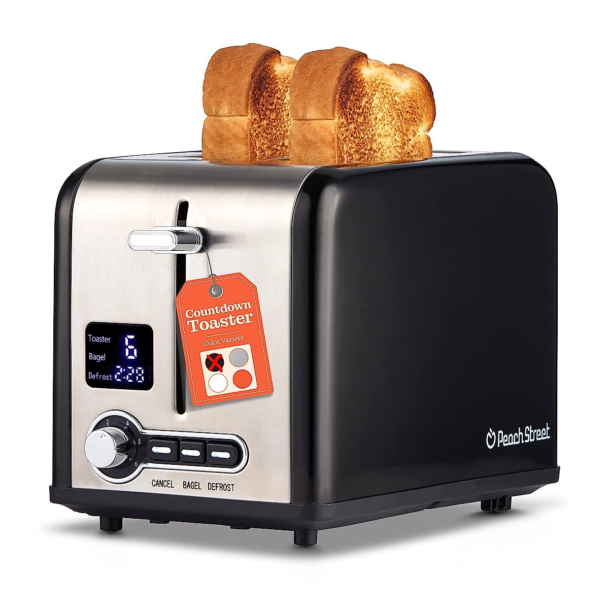 Peach Street 2 Slice Toaster Compact Bread Toaster with Digital Countdown, Wide Slots, Auto-Pop Stainless Steel, 6 Browning Levels, Removable Crumb Tray, with Defrost, Bagel, and Cancel Function