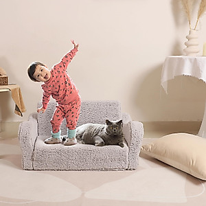 MOMCAYWEX Kids Extra Wide Chairs for Toddler, 2-in-1 Toddler Soft Sherpa Couch Fold Out, Convertible Sofa to Lounger for Girls and Boys, Grey