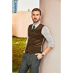 PJ PAUL JONES Mens 1940s Button Down Vests Solid Retro Slim Fit Waistcoat Brown L