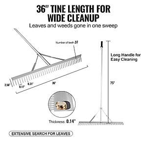 VEVOR Landscape Rake, 36" Head Aluminum Landscape Rake, Lake Weed Rake with 75" Long Handle, for Loosening Soil, Lawn Care, Weeding Lake, Garden