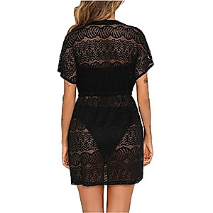 EISHOPEER Women's Swimsuit Beach Cover Up Lace Bikini Beachwear Sheer Bathing Suit Coverups,Black,S