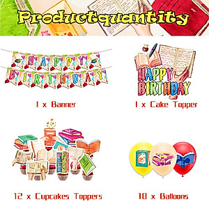 Books Party Decorations Book Club Birthday Party Supplies Includes Book Happy Birthday Banner Cake Topper Cupcake Toppers Balloons for Library Party Decorations