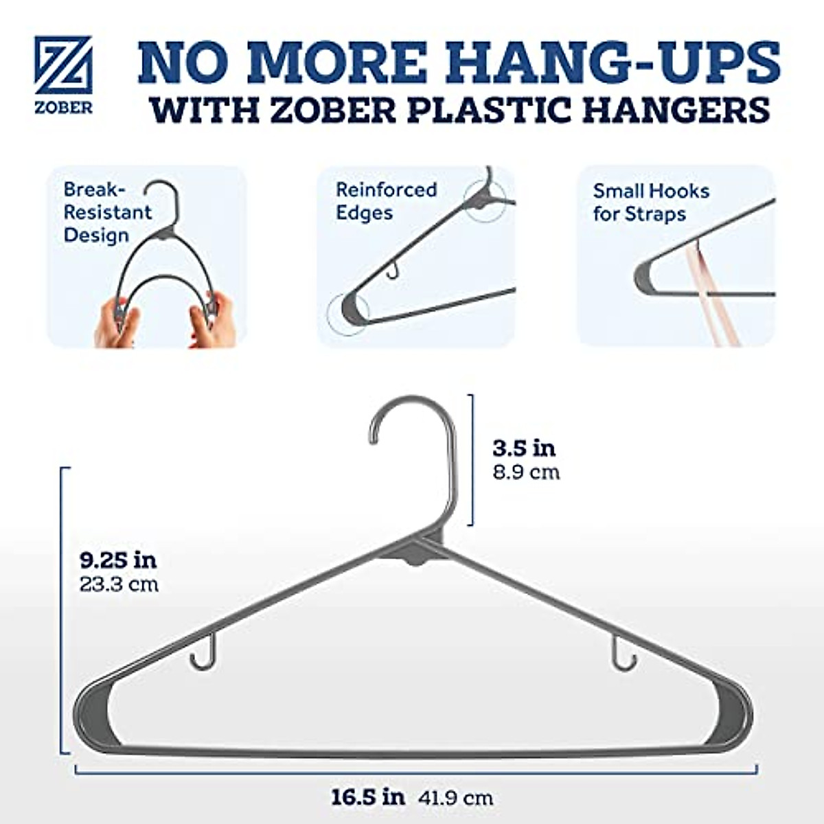 Zober Plastic Hangers 50 Pack - Gray Plastic Hangers - Space Saving Clothes Hangers for Shirts, Pants & for Everyday Use - Clothing Hangers with Hooks