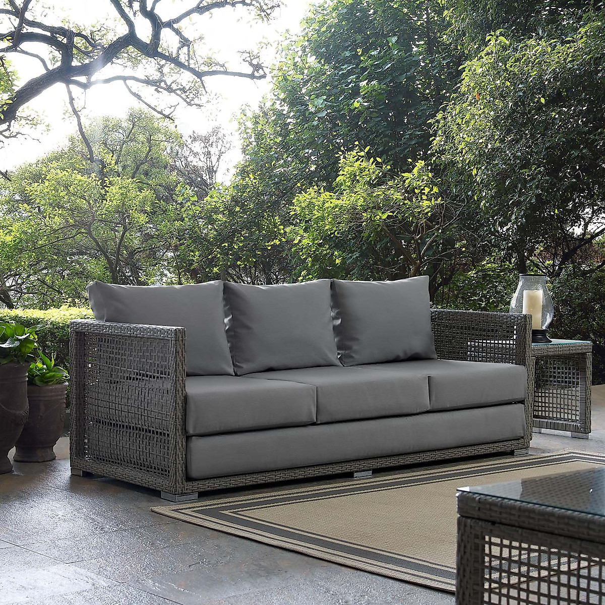 Modway Aura Wicker Rattan Outdoor Patio Sofa Couch in Gray Gray