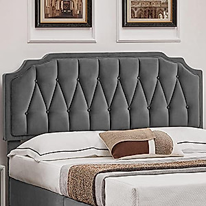 Yaheetech Full Bed Frame Velvet Upholstered Platform Bed with Curved Headboard, Height-Adjustable Headboard/Noise-Free/Wooden Slats Support/No Box Spring Needed/Easy Assembly, Dark Gray Full Bed
