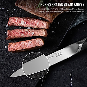 OAKSWARE Non Serrated Steak Knives Set of 8, 5 Inch German High Carbon Steel Steak Knife for Kitchen, Sharp Knives with Full-Tang Ergonomic Handle, Black