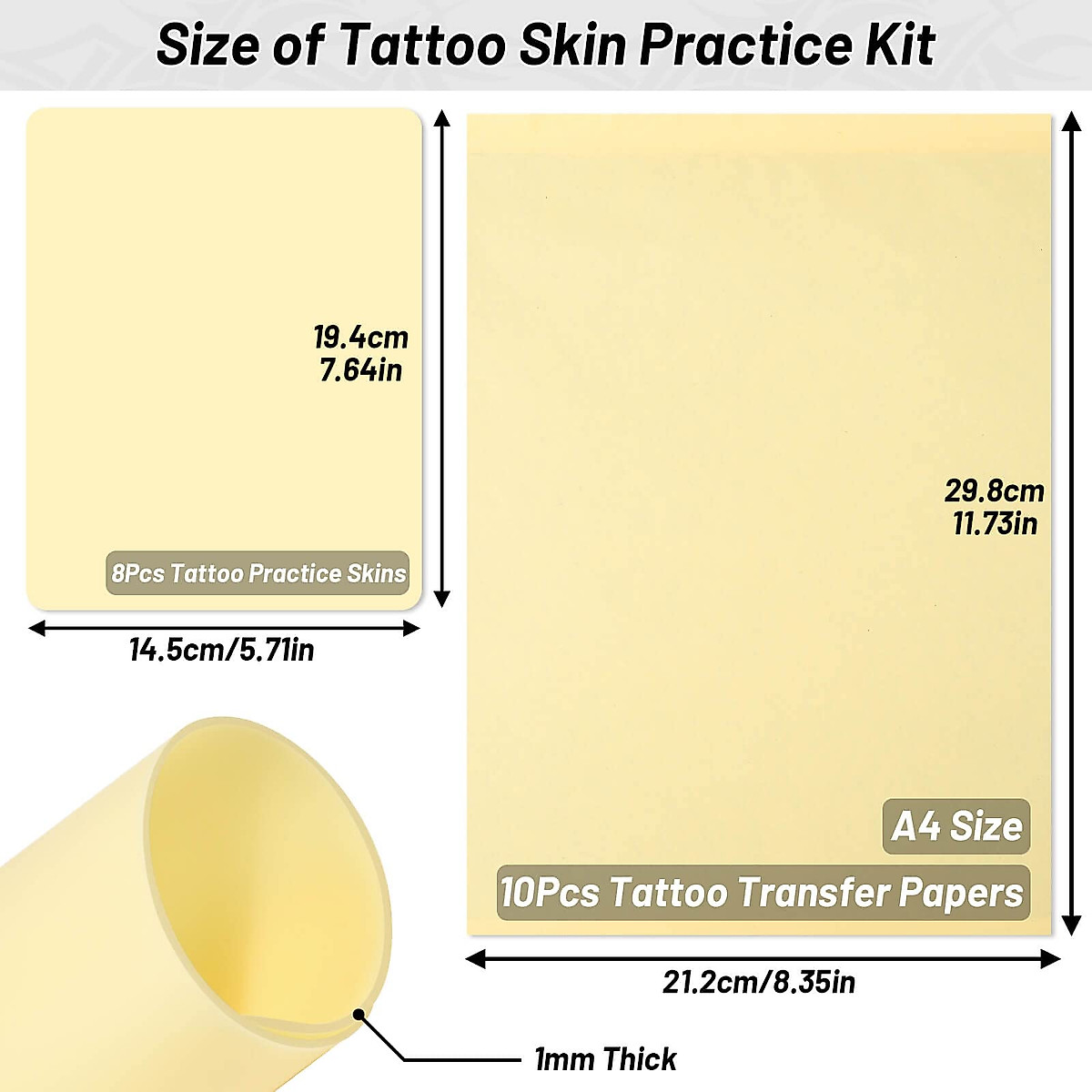 8Pcs Tattoo Practice Skins & 10Pcs Tattoo Transfer Papers, modacraft 5.7x7.6" Double Sides 1mm Thick Soft Silicone Thin Fake Skin Tattooing Practice Kit for Beginners Experienced Tattoo Artists