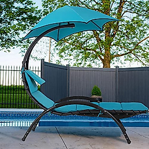 Yewuli Outdoor Chair with Canopy Patio Recliner Lounger Chair Arc Stand with Waterproof Canopy and Cushion, Patio Chaise with Headrest for Garden Backyard Poolside (Blue)