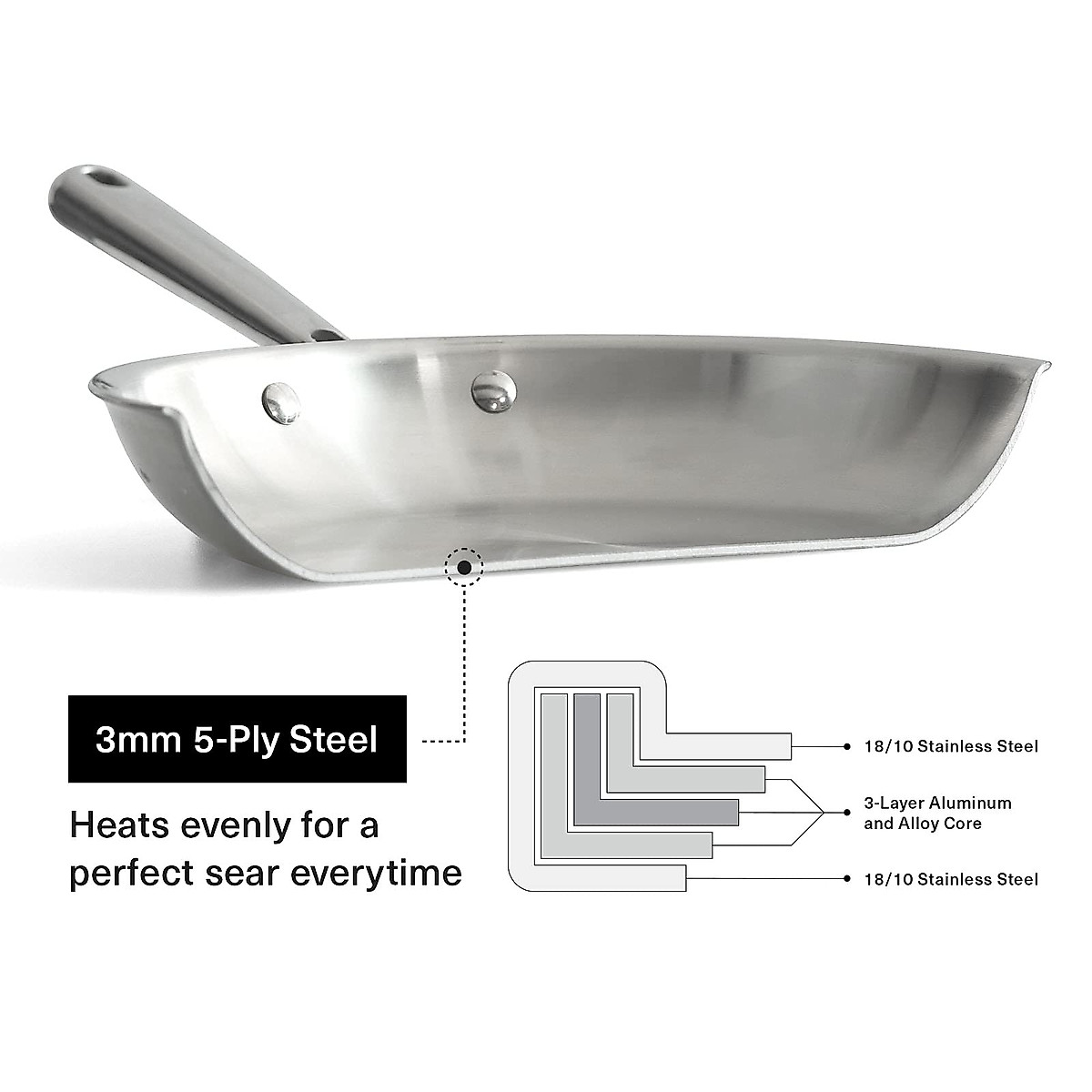 Misen Stainless Cookware Bundle - 10" 5-ply Pan, Fish Spatula, Stainless Steel Tongs - Heat Retention - Stay-Cool Handle - Kitchen Tongs with Silicone Tips - Ergonomic Design - Versatile Set - Gray