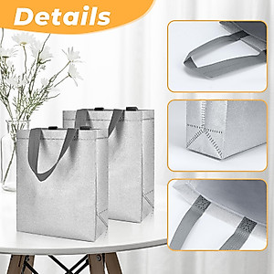 ISUSSER 25 Pack Silver Reusable Gift Bags Metallic Tote with Handles Bling Non Woven Bags for Shopping Birthday Party Wedding, 7.9 x 3.9 x 9.8 Inch