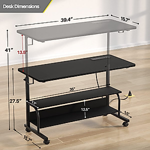 Height Adjustable Standing Desk with Power Outlets, 39" Manual Stand Up Desk with Storage Shelves Small Mobile Rolling Computer Desk Portable Laptop Table with Wheels for Home Office, Black