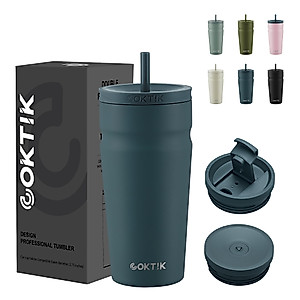 COKTIK 20oz Insulated Tumbler with Lid and Straw 2 Lids (Straw/Flip) Iced Coffee Cup Reusable Stainless Steel Travel Mug Water Bottle Cupholder Friendly for Women Men Her Him (Twilight Fog)