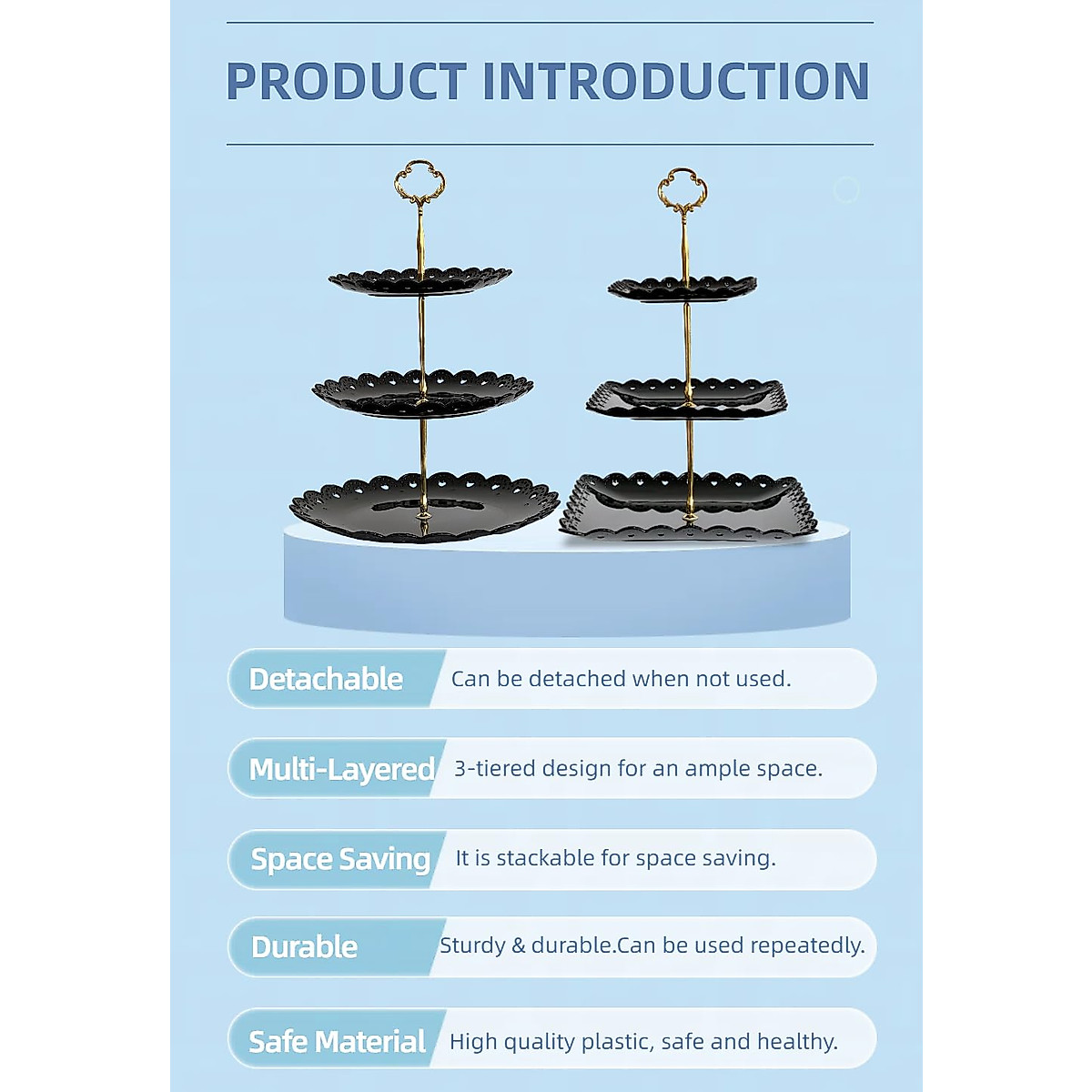 RAUVOLFIA 2 Pack of Large Round & Square Dessert Cupcake Stand, 3 Tier Cup Cake Holder Tower for Tea Party/Birthday/Wedding, Plastic Tiered Serving Tray (Black)