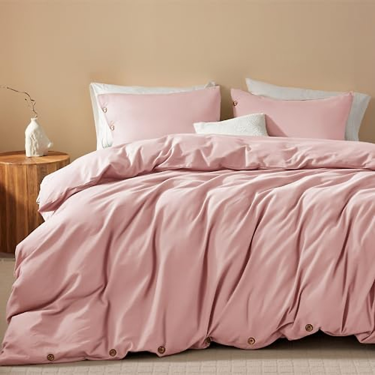 SunStyle Home 100% Washed Cotton Duvet Cover Set Breathable Soft Queen Burnished Lilac Duvet Cover 3 Pieces Solid Color Bedding Set with Buttons Closure Comforter Cover Set (1 Duvet Cover +2 Shams)