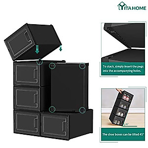 YITAHOME Shoe Box, Set of 12 Medium Size Shoe Storage Lightweight Plastic Organizers Stackable Shoe Storage Box Rack Drawers - Black