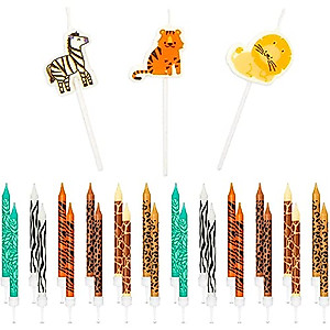 Safari Animal Cake Toppers and Thin Candles in Holders (27 Pieces)