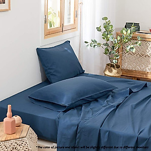 Simple&Opulence Belgian Linen Sheet Set Solid Color - 4 Pieces (1 Flat Sheet, 1 Fitted Sheet & 2 Pillowcases) Natural Flax Cotton Blend Soft Breathable Farmhouse Bedding - Queen Size, Classic Blue