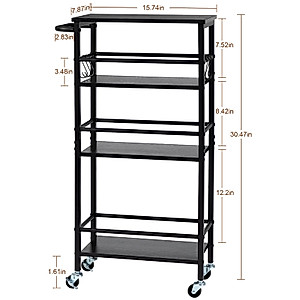 LOAKEKEL Slim Rolling Cart, 4-Tier Storage Cart on Wheels, Narrow Kitchen Cart with 6 Hooks for Small Spaces, 7.87" Deep, Mobile Shelving Unit Utility Cart for Dining Room, Bathroom, Black HKC04BK-1