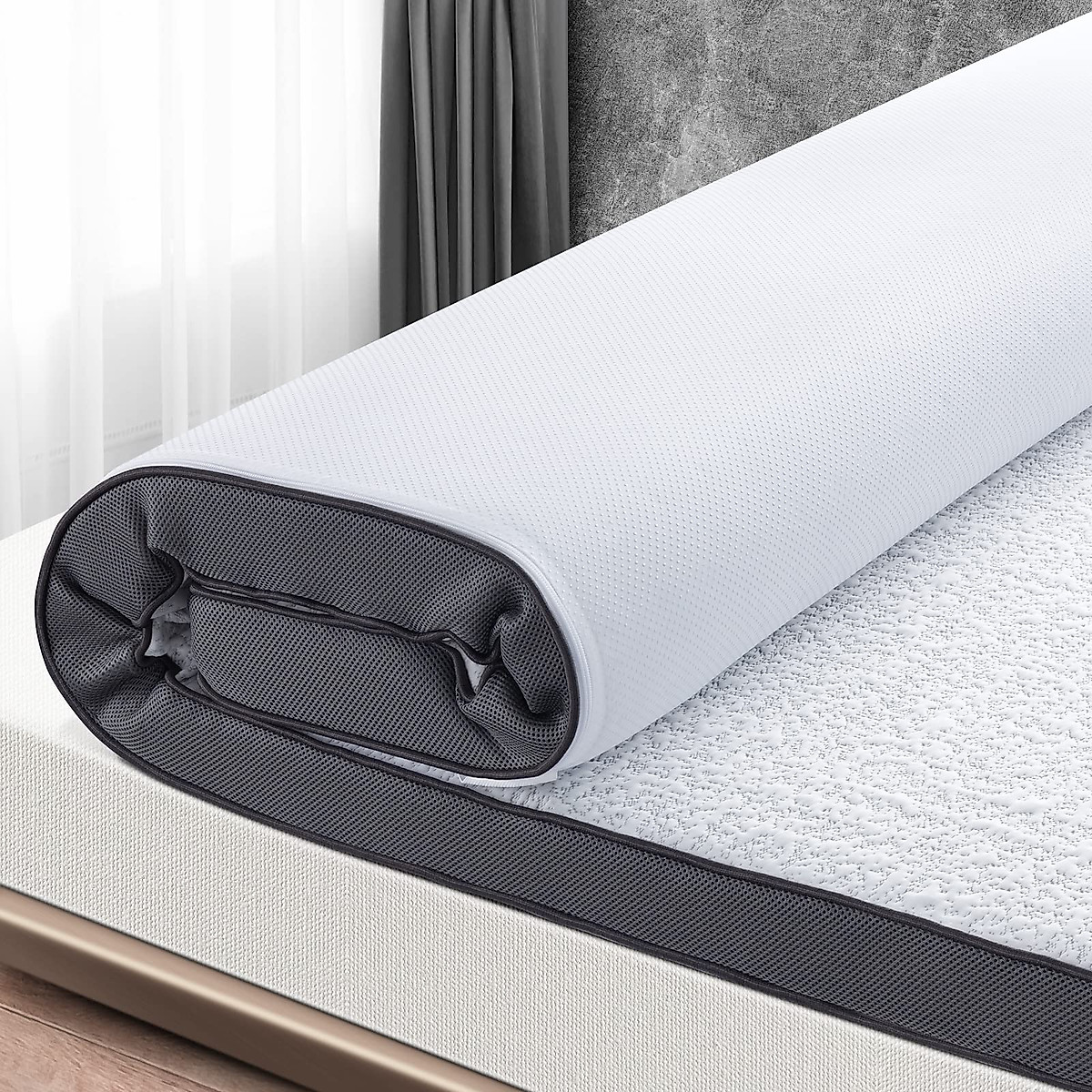 UniPon 3 Inch Memory Foam Mattress Topper King Cooling Mattress Topper Charcoal Infused Bed Topper with Tencel Fiber Ingredient Removable Cover