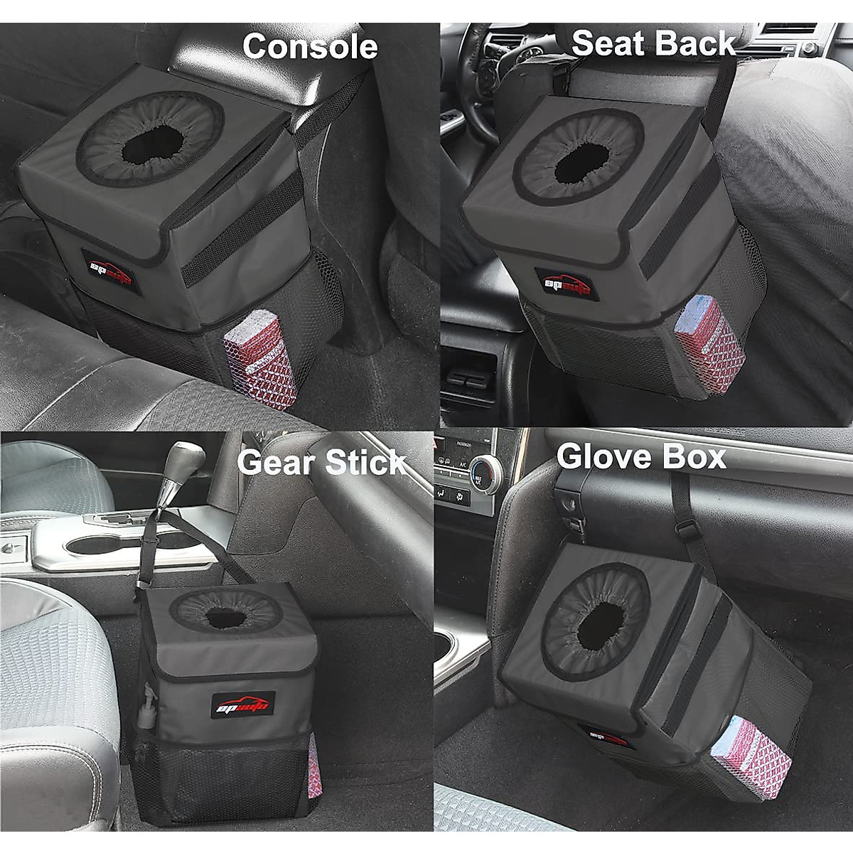 EPAuto Waterproof Car Trash Can with Lid and Storage Pockets, Dark Grey