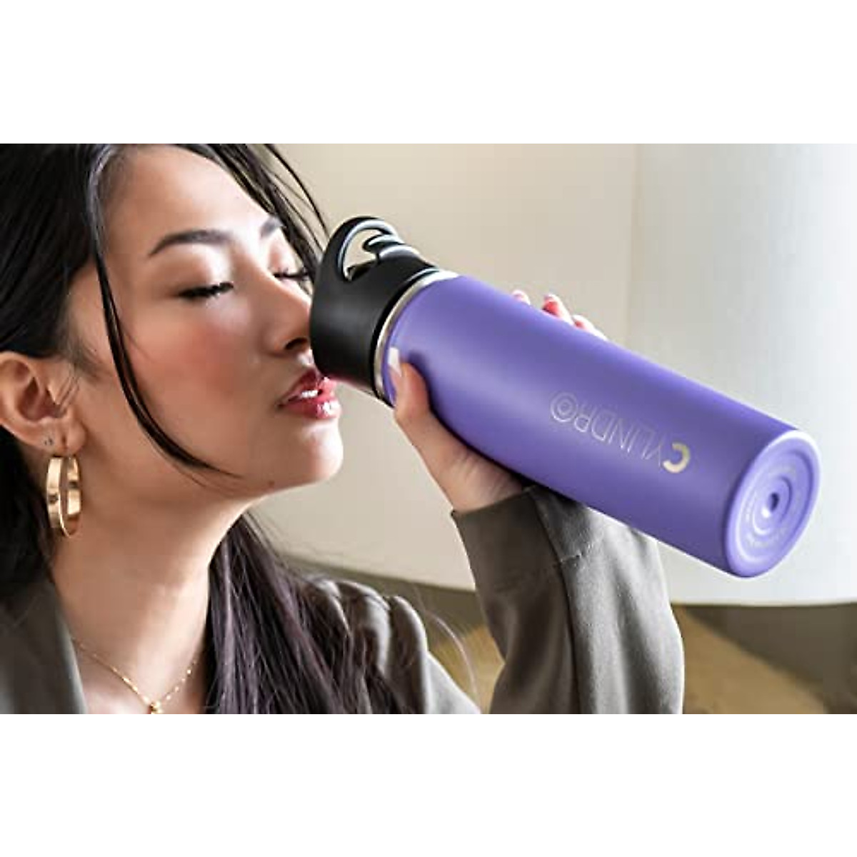 Cylindro Water Bottle, Triple-Layer Stainless Steel - 3 Lids, Vacuum Double Walled Copper Lined, BPA Free, w/ Silicone Boot, Hot & Cold - 22 Oz Veri Peri Purple