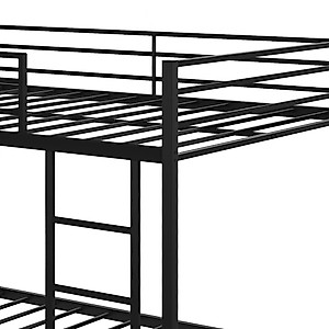 P PURLOVE Junior's Metal Bunk Bed Frame for Kids, Full Size Low Profile Floor Bunk Bed,Full Over Full Bunk Bed with Slat and Ladder,No Box Spring Need,Black