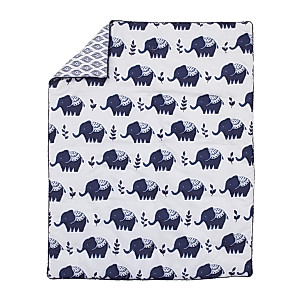 NoJo Indigo Hues Blue and White Elephant 4 Piece Nursery Crib Bedding Set - Comforter, 100% Cotton Fitted Crib Sheet, Dust Ruffle, Super Soft Baby Blanket