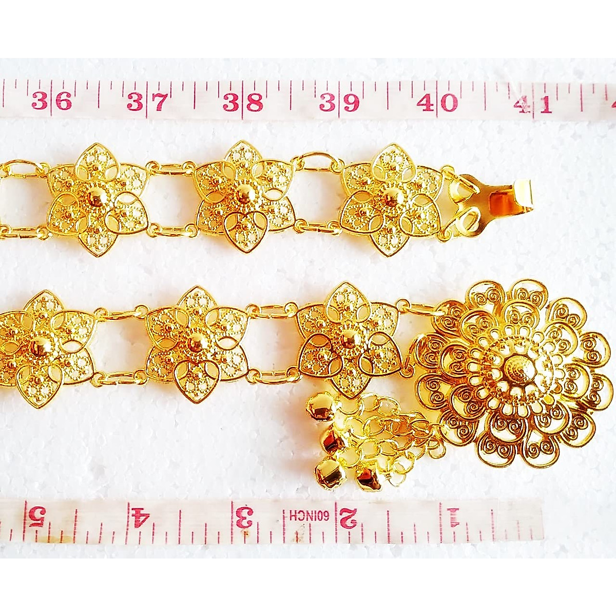 PunPund Belt Thai Gold Plate Star Flower Vintage Women Thailand Costume Wedding Chain Dress Dance Ram Thai 40-41 Inches