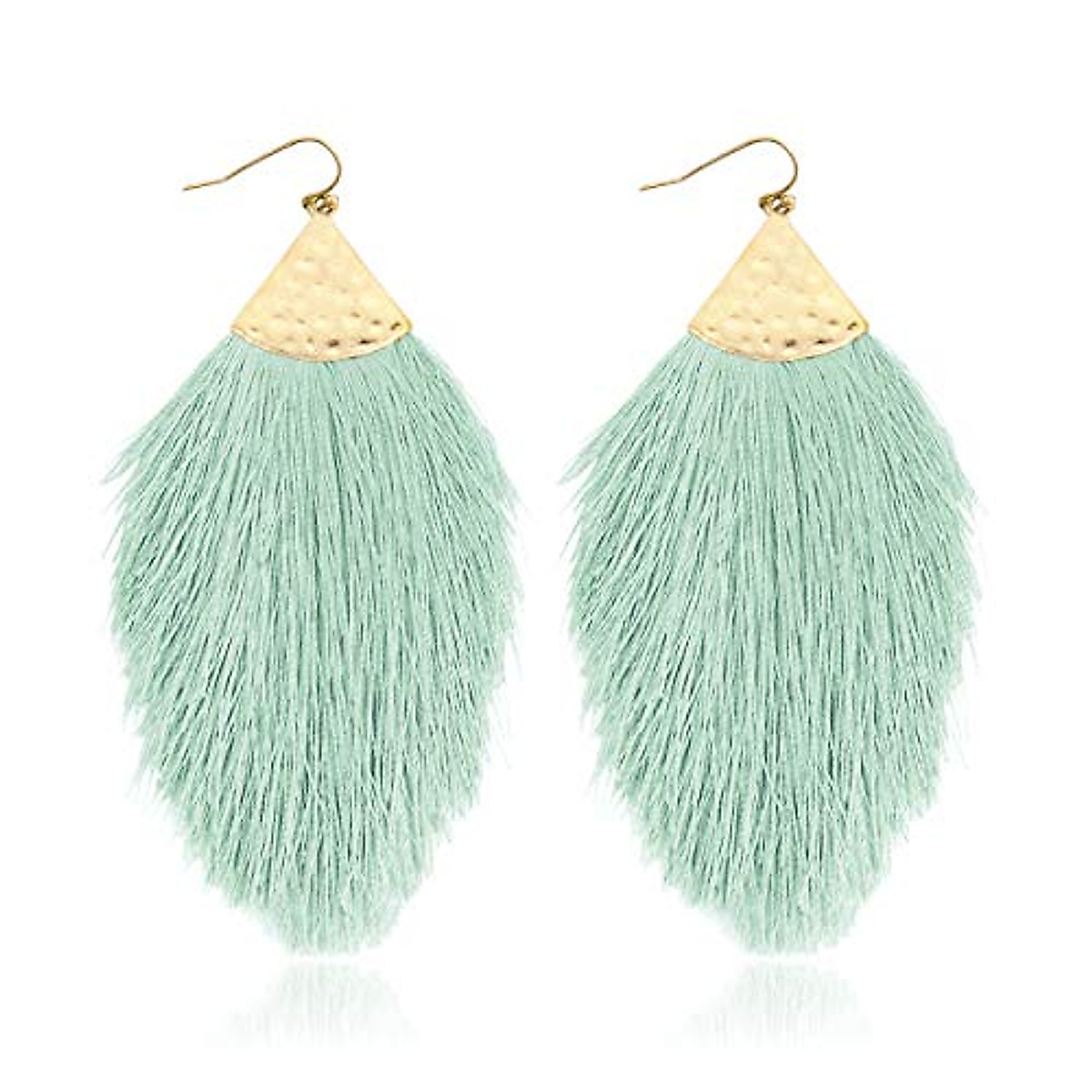 Bohemian Silky Thread Fan Fringe Tassel Statement Earrings - Lightweight Strand Feather Shape Dangles (Feather Fringe - Mint)