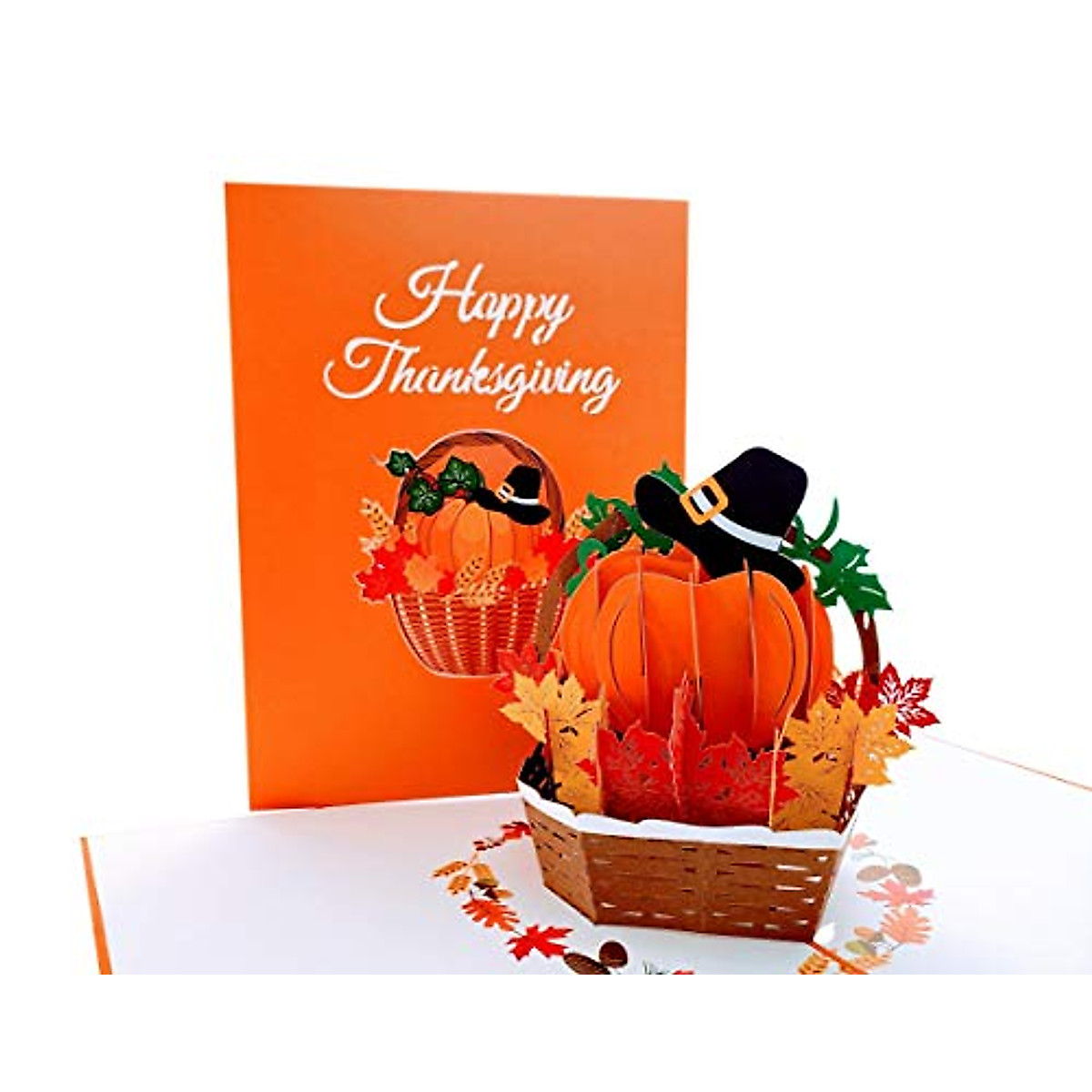 iGifts And Cards Happy Thanksgiving Pumpkin Pop Up Greeting Card - Awesome Thank You Gift, Family Celebration, Feast In A Basket Centerpiece, Blessings, Beautiful, Cool Pilgrim Hat Decoration, 6" X 8"
