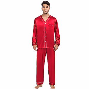 SWOMOG Satin Couples Matching Pajamas Set Silk Long Sleeve Sleepwear Nightwear Loungewear Red