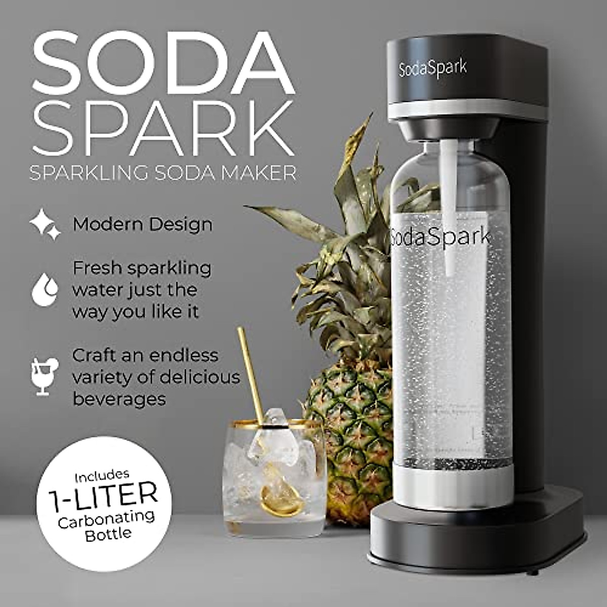 Modern Design Sparkling Water Maker – Soda Water Maker with 1l BPA-Free Reusable Bottle–Carbonated Water Maker for Home – Soda Streaming Machine for Seltze (SS697B)