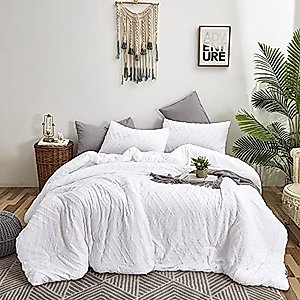 Houseri White Comforter Set Queen Boho Comforter Sets Full Size White Tufted Jacquard Bedding Sets Queen Women Girls Plain White Shabby Chic Farmhouse Bedding Comforter All White Bed Comforter Queen