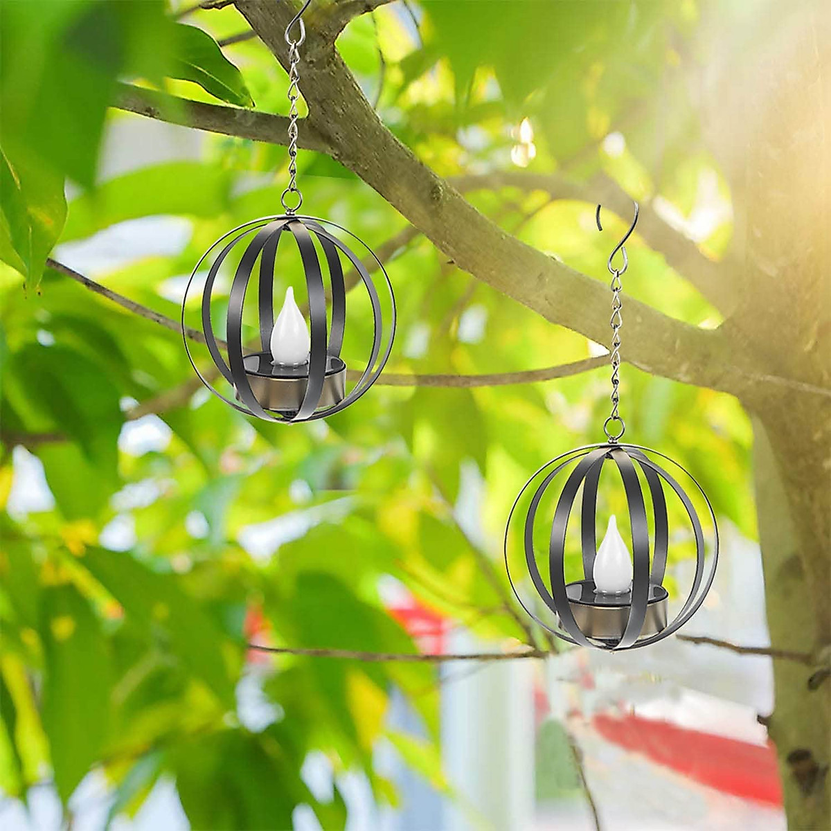 Hanging Solar Lights Outdoor - 2 Pack Small Metal Hanging Tree Lanterns with Retro Design for Patio, Yard, Pathway and Garden Candle Lanterns Retro Lights Decoration