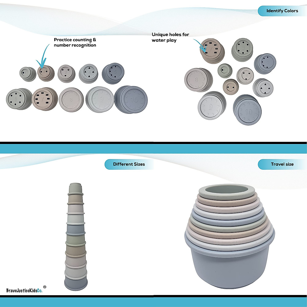 BraveJusticeKidsCo. Silicone Educational Stacking Cups (10 Pieces) | Baby Sorting and Counting | Bath Toys | Early Motor Development | Best Montessori Toy Gift for 6 Month+ Boys & Girls