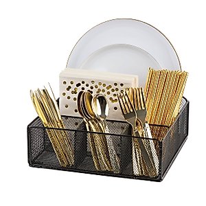 ELTOW Silverware Holder and Paper Plater Organizer for Countertop, 6 Compartment Utensil Caddy for Parties, Home, Office or RV Lifestyle (Black)