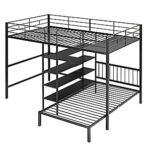 YOPTO Full Over Twin Metal Bunk Bed with Built-in Desk, Four Built-in Storage Shelves and Ladder, No Box Spring Required,Maximized Space,Bedroom Furniture for Children,Teens,Adults,Black