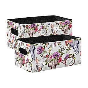 Deer Skulls Flowers Dreamcatcher Storage Basket Felt Storage Bin Collapsible Felt Storage Cloth Baskets Containers Organizer for Kids Bedroom Magazine
