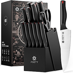 ASETY Knife Set, 15 PCS Kitchen knife Set with Bulti-in Sharpener Block, High Carbon Stainless Steel Knife Block Set, NSF Food Safe, Dishwasher Safe Knife Sets for Kitchen, Black, Gift Box