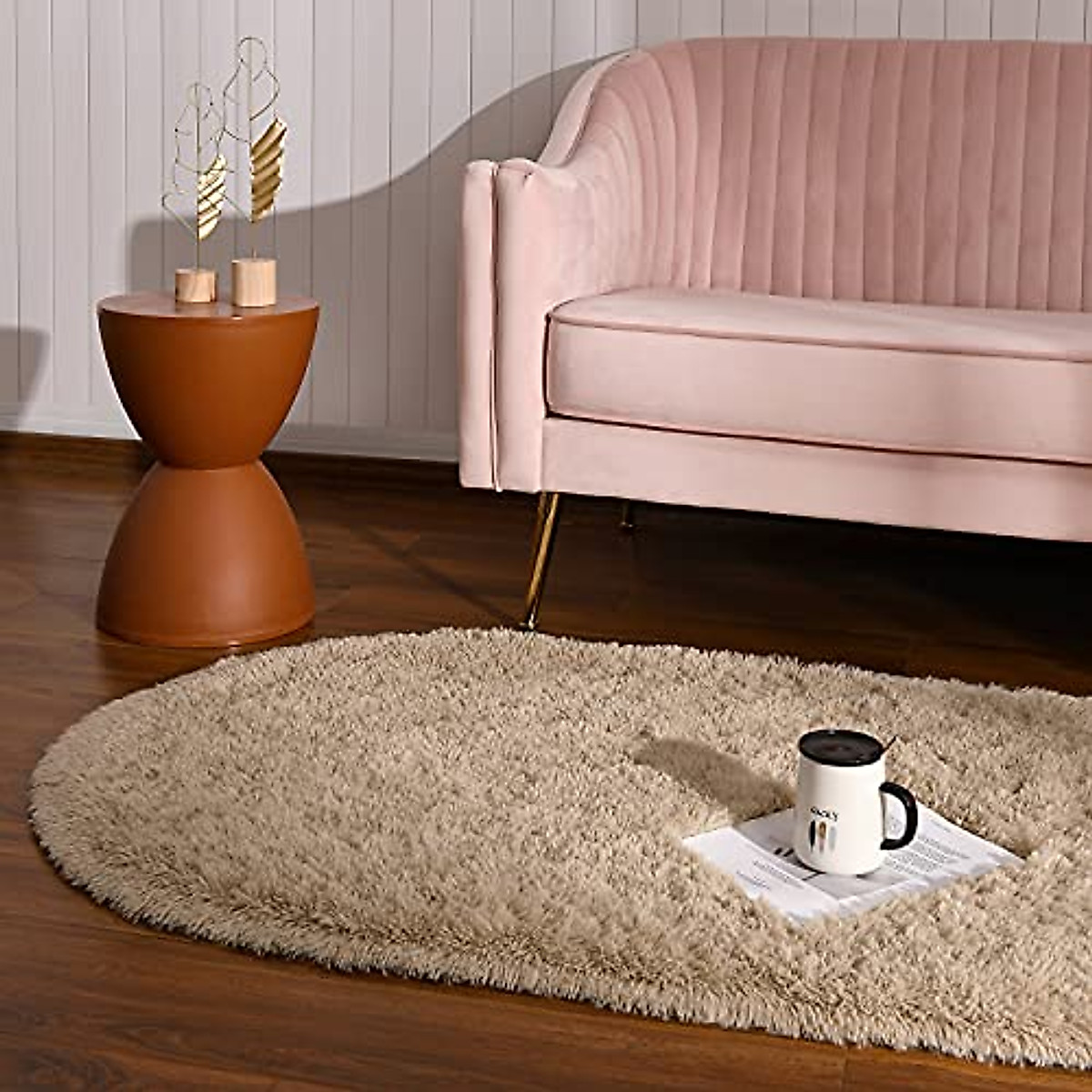 Softlife Fluffy Rugs for Bedroom, Shag Cute Area Rug for Girls and Kids Baby Room Home Decor, 2.6 x 5.3 Feet Oval Indoor Carpet for Nursery Dorm Living Room, Camel