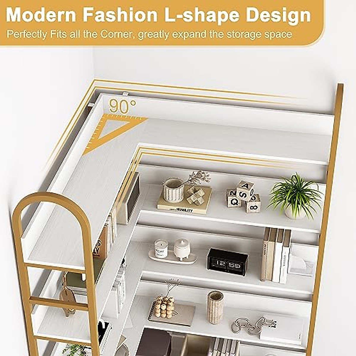 5-Tier Gold Bookcase, L-Shape Corner Bookshelf White & Gold, Modern Display Shelf Book Shelves with Adjustable Foot, Freestanding Storage Shelves for Home Office Use