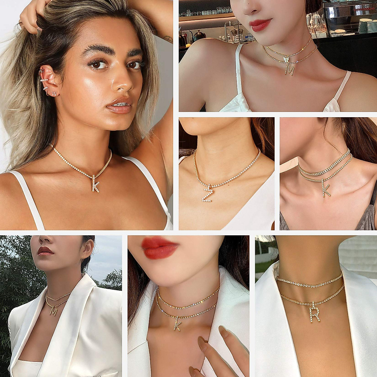 Suplight Tennis Chain Initial Necklace, Choker Chain with Pendant, Womens Bling Necklace, Cubic Zirconia CZ Micro Pave A-Z Alphabet Letter Necklaces for Women