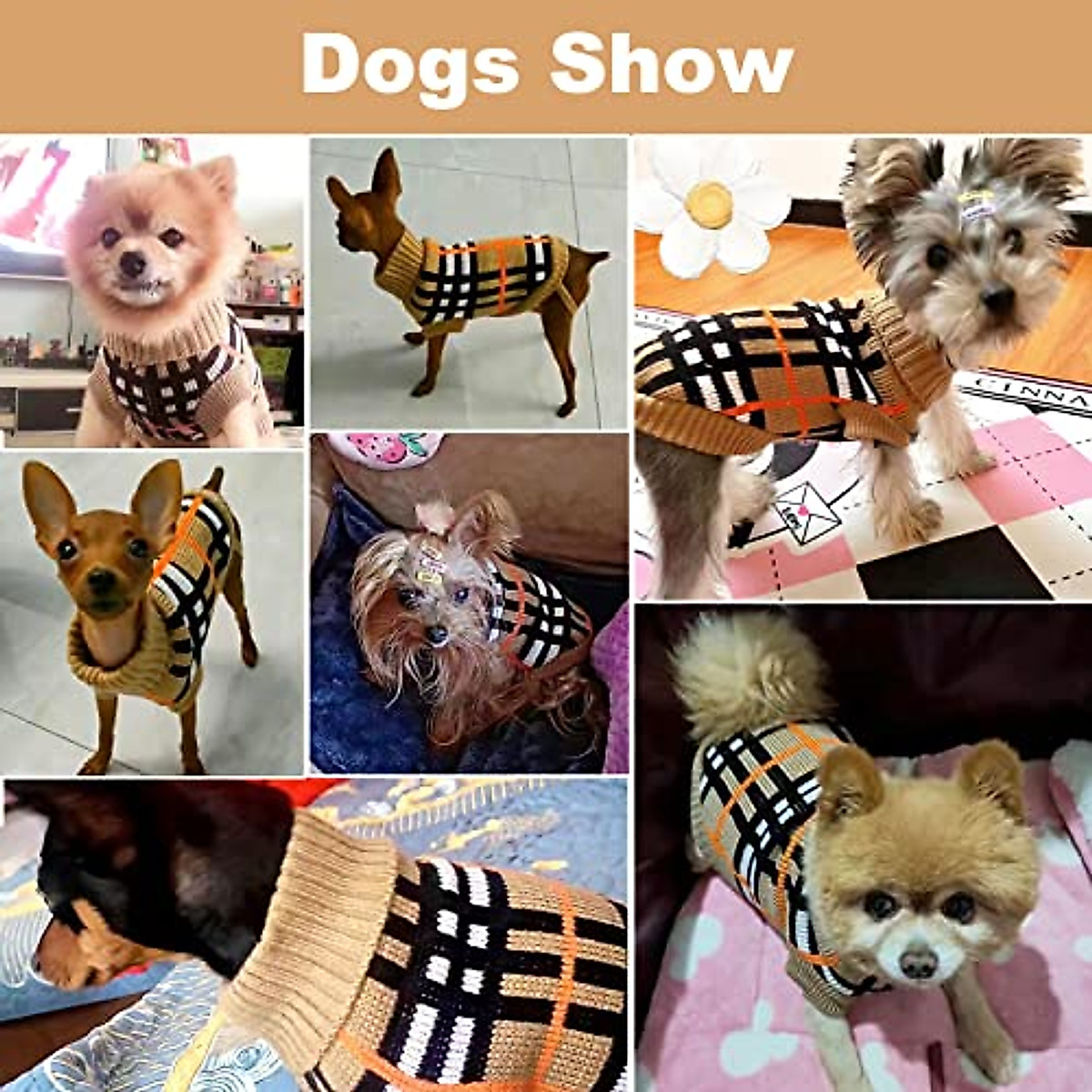 Classic Plaid Dog Turtleneck Sweater for Small Dog Pullover Knitted Sweater Pet Winter Warm Clothes Outfits for Poodle Puppy Cat Kitten Coffee Color (XXX-Large, Classic Plaid Style)