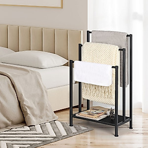Freestanding Towel Rack, 3 Tier Metal Towel Rack Blanket Rack Stand for Bedroom Standing Towel Rack Black Bath Towel Holder Stand Floor for Bathroom Floor Towel Rack with Wooden Storage Shelf